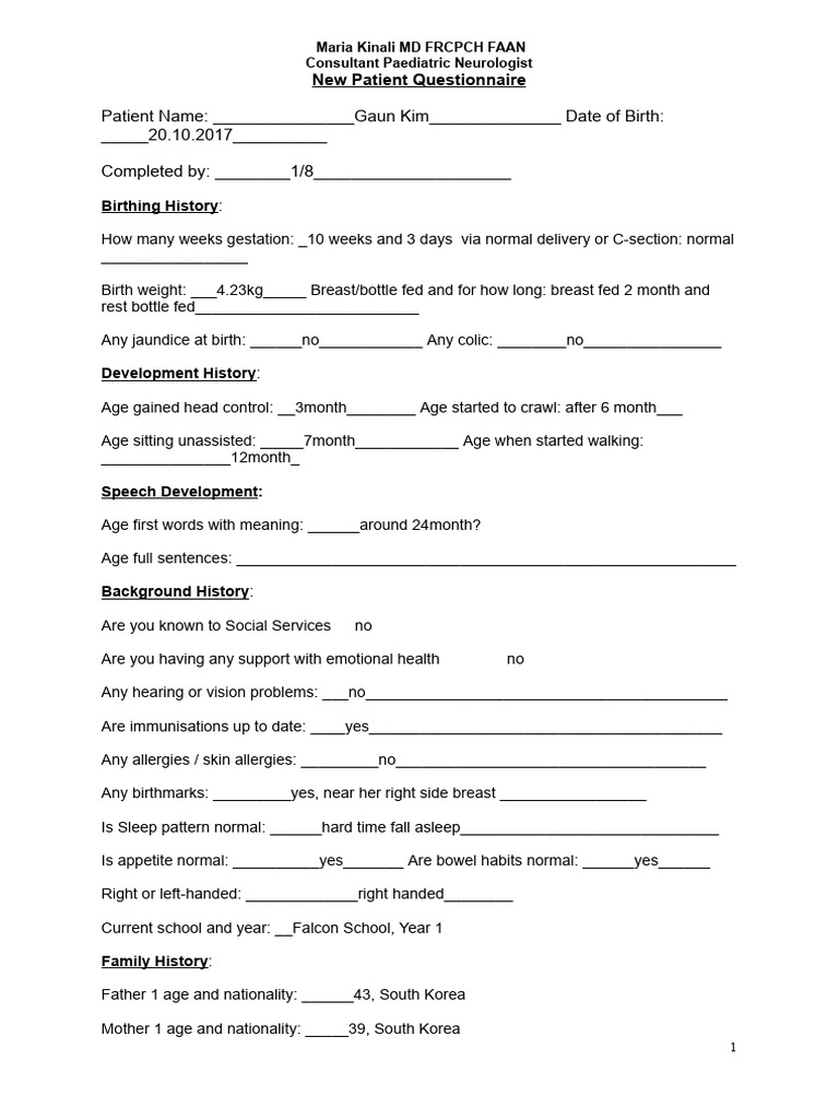 New Patient Questionnaire MKinali LTD | PDF | Human Development ...