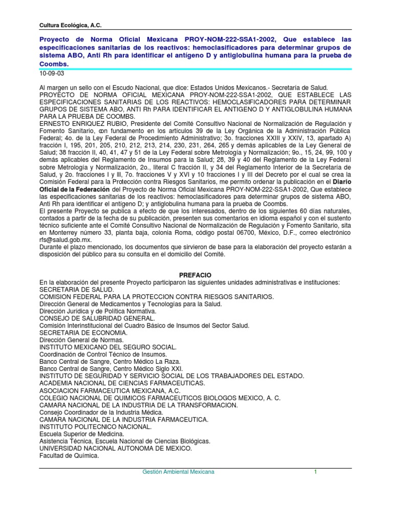 Proy Nom 222 Ssa1 2002 | PDF | Anticuerpo | Tipo de sangre