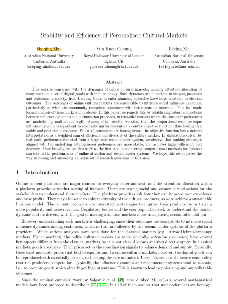 Stability and E Ciency of Personalised Cultural Markets | PDF | Market ...