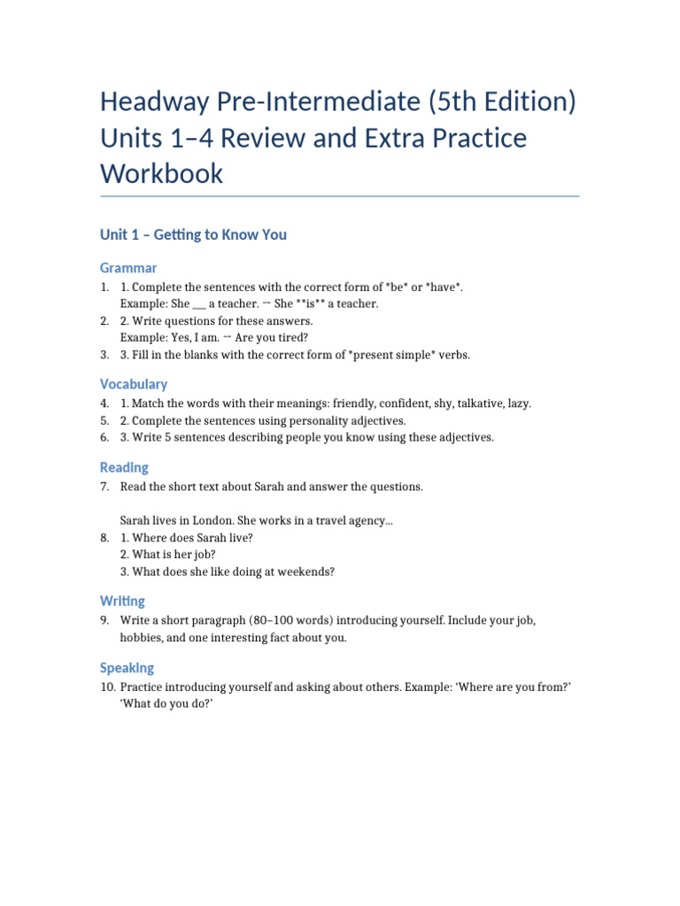 Headway PreIntermediate Units1-4 Extra Practice | PDF | Sentence ...