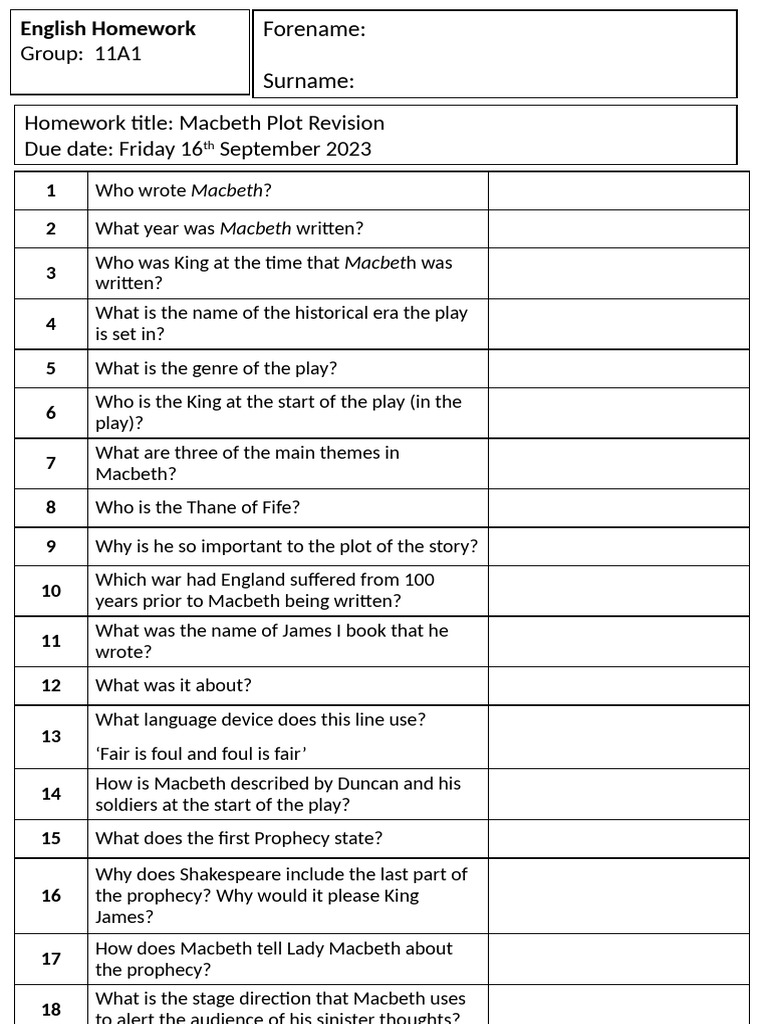 Week 1 Homework - Macbeth Plot Revision | PDF | Macbeth | Shakespearean ...