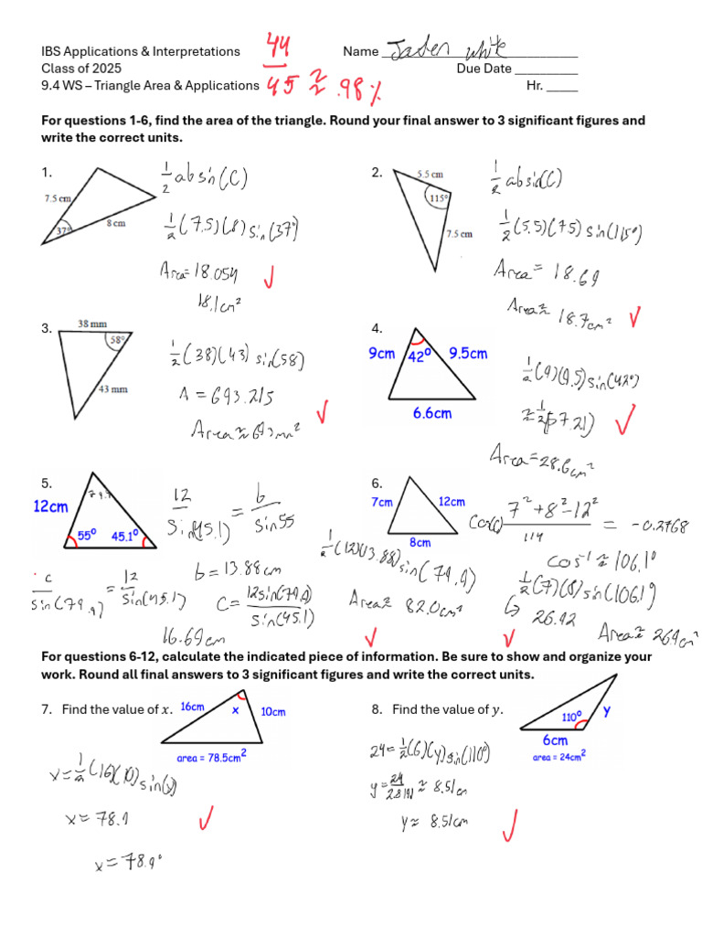 Triangle Area Calculations Worksheet | PDF