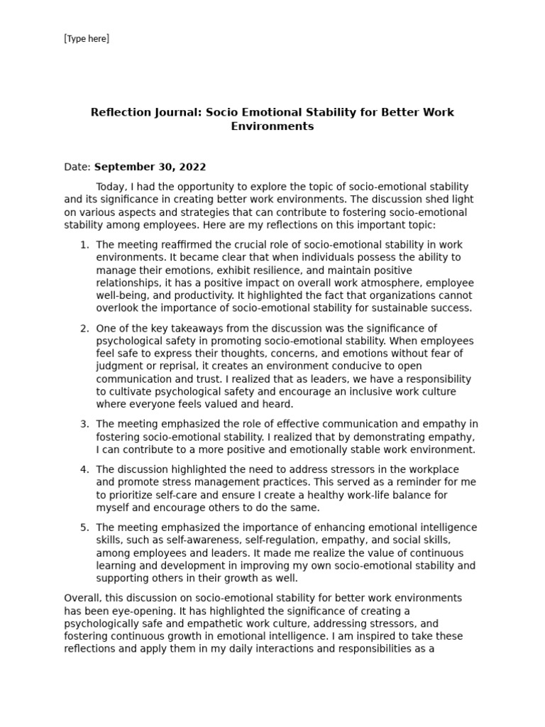 Reflection Journal Socio Emotional Stability For Better Work ...