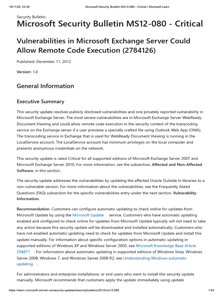 Microsoft Security Bulletin 3 | PDF | Windows Xp | Microsoft Exchange ...