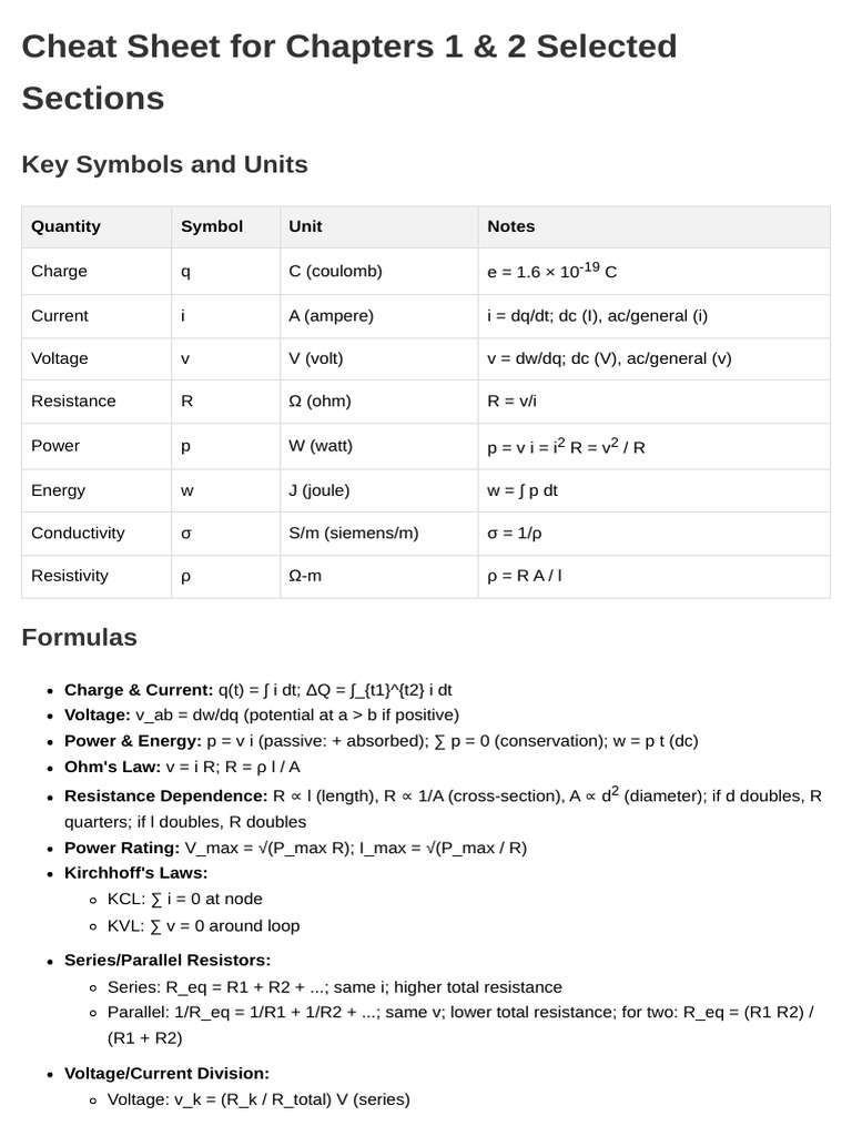 Cheat Sheet For Circuit Analysis and Design - Chapters 1 & 2 | PDF | Series And Parallel ...