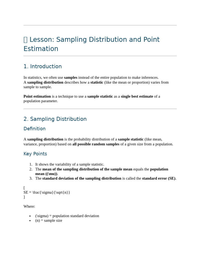Sampling Distribution & Point Estimation | PDF | Estimator | Standard ...