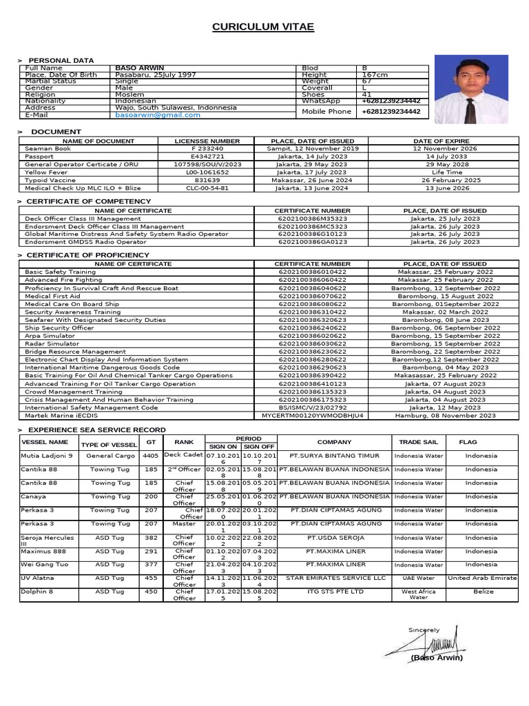 Seafarer CV of Baso Arwin | PDF | Ships | Sailor