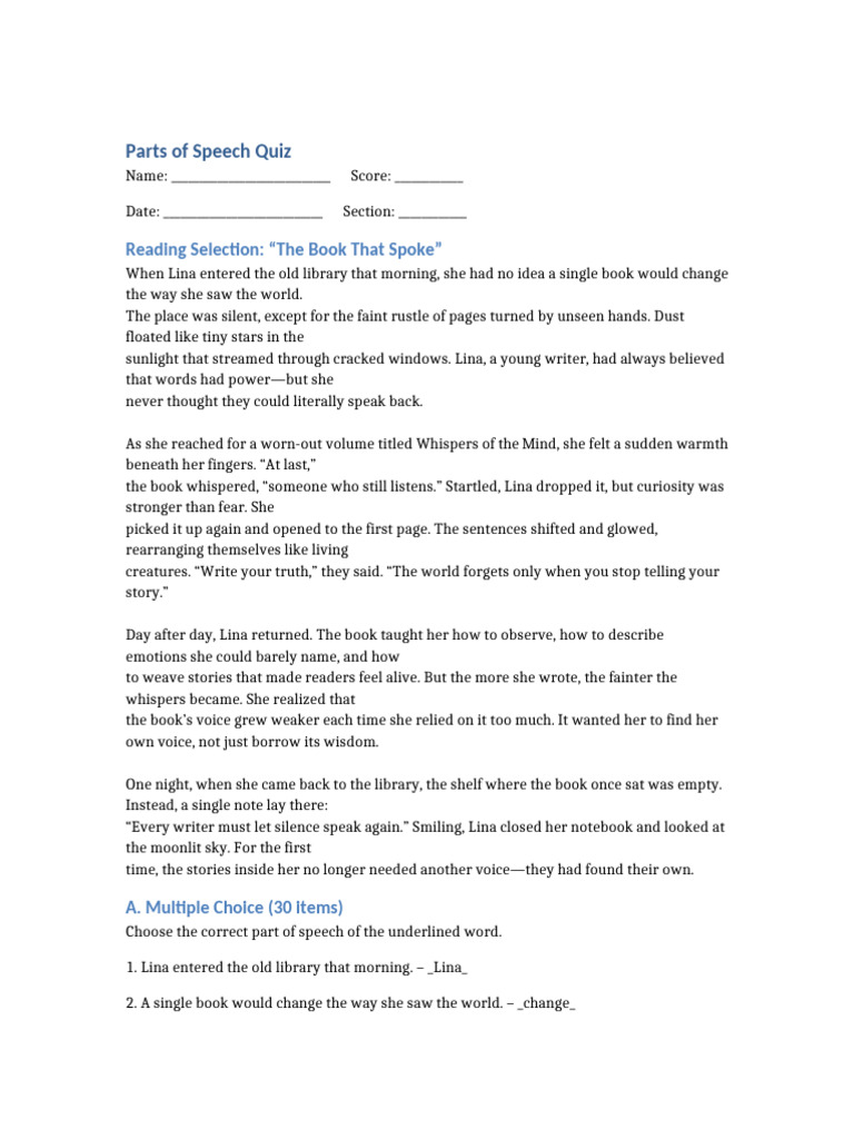 Parts of Speech Story Quiz | PDF | Adverb | Adjective
