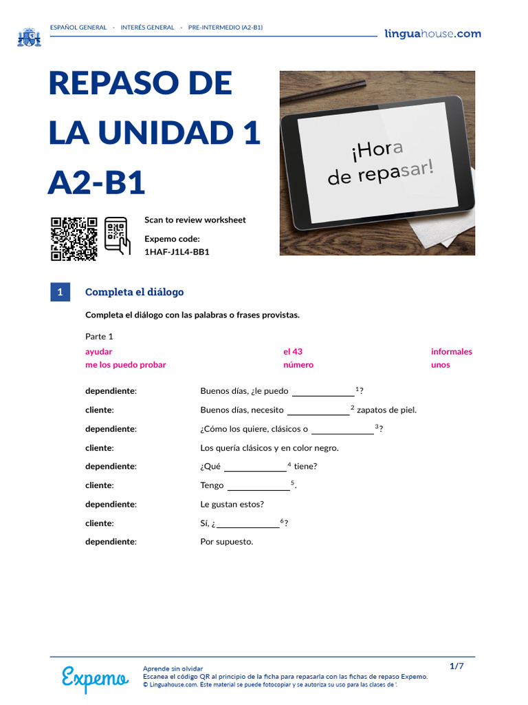 Repaso de La Unidad 1 A2 b1 Castellano Spanish Student A2 B1 | PDF ...