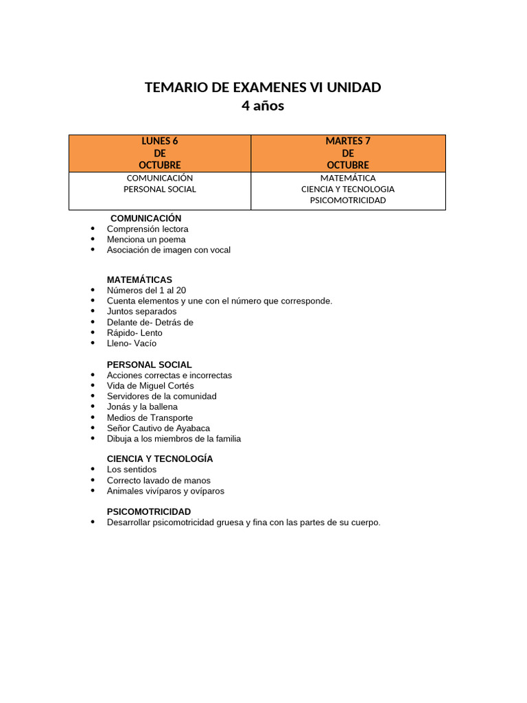 Temario - para - Los - Examenes - Vi - Unidad 4 Años | PDF