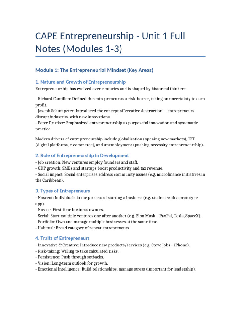 CAPE Entrepreneurship Unit 1 Overview | PDF | Entrepreneurship | Innovation
