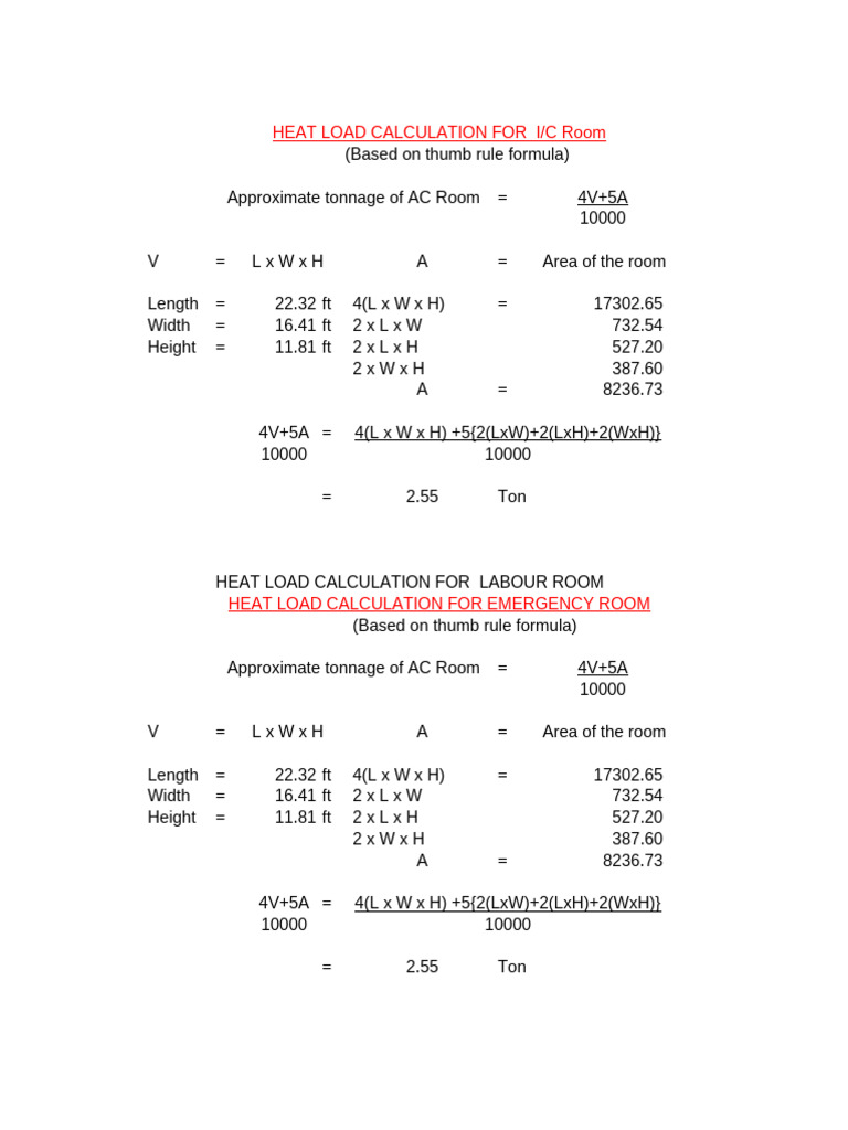 Heat Load Calculation for AC Rooms | PDF | Tonnage | Ton