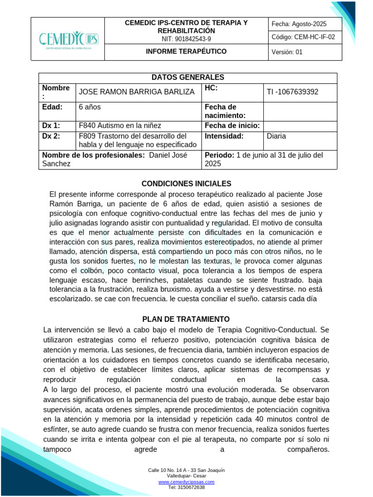 JOSE RAMON Informe y Plan de Mejora Tri | PDF | Terapia | Comportamiento