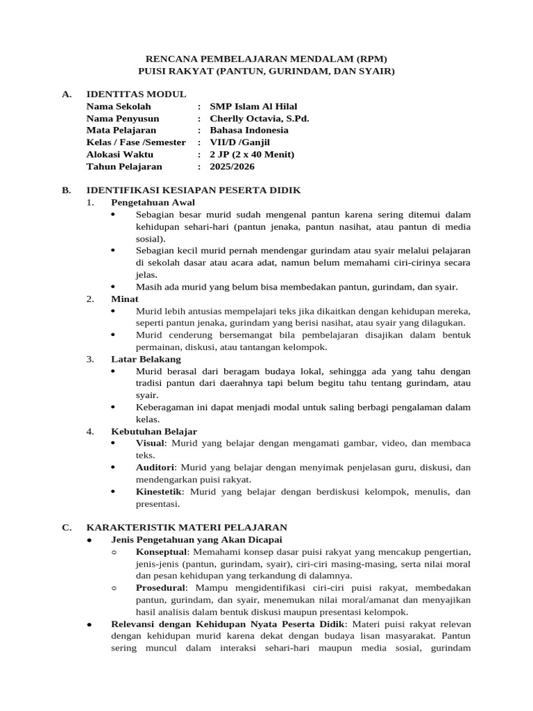 Rencana Pembelajaran Puisi Rakyat SMP | PDF