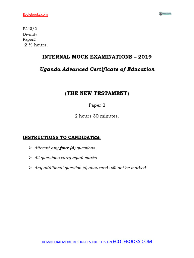 Uganda Divinity Mock Exam Paper 2 | PDF | Gospel Of Mark | Jesus
