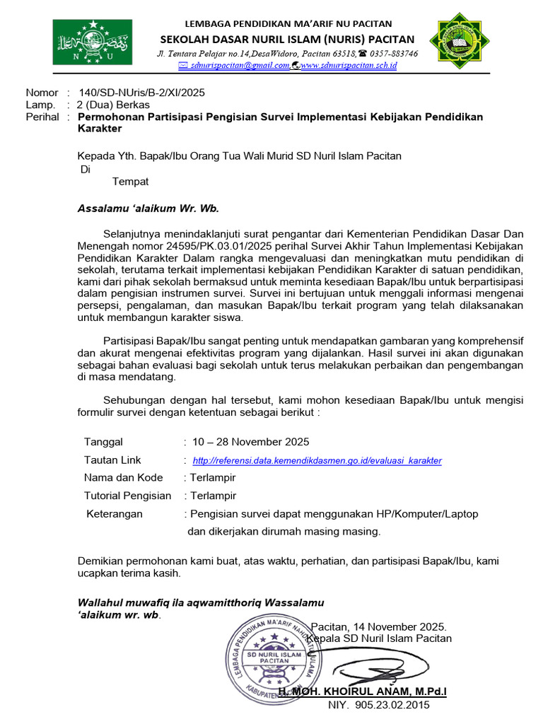 Surat Permohonan Partisipasi Pengisian Survei Implementasi Kebijakan Pendidikan Karakter | PDF