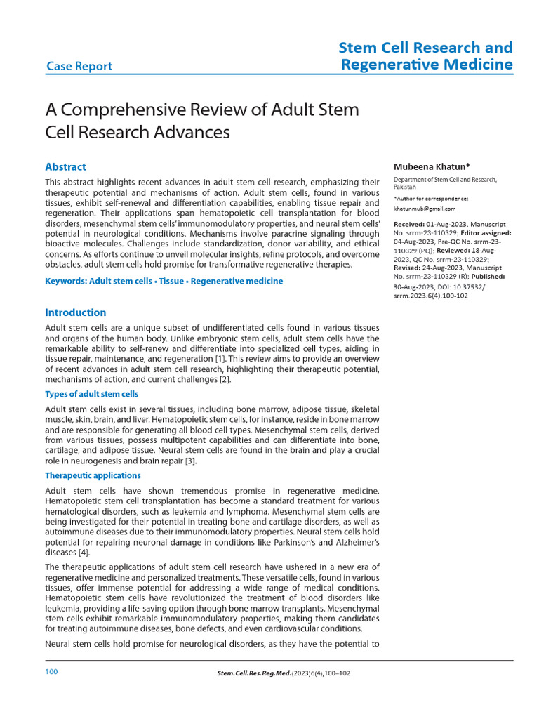 5a Comprehensive Review Of Adult Stem Cell Research Advances Pdf