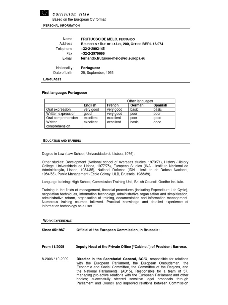 European CV of Fernando Frutuoso de Melo | PDF | Secretary Of State ...