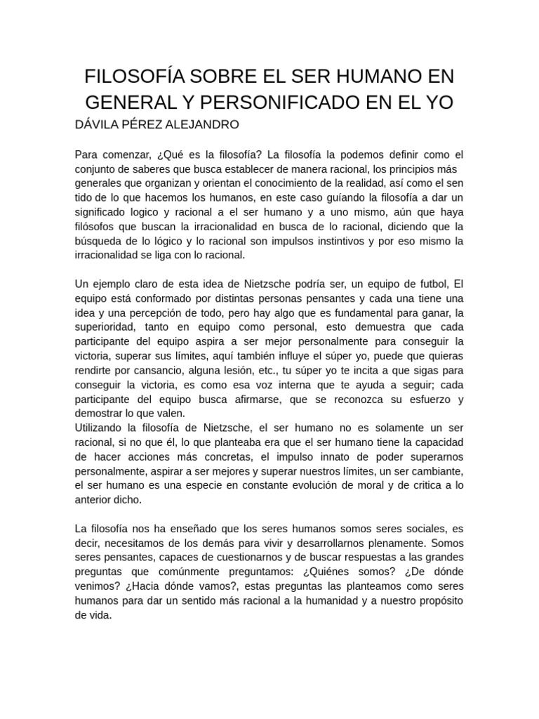 Filosofía Sobre El Ser Humano en General y Personificado en El Yo | PDF ...