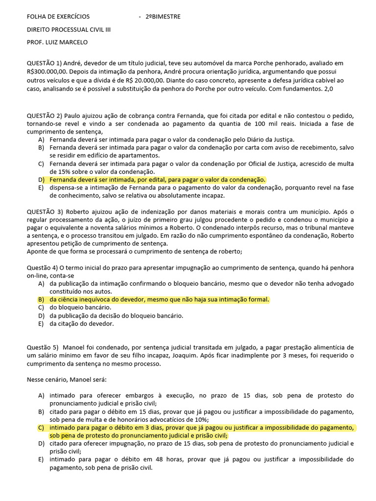 FOLHA DE EXERC-CIOS - dto processual civil III - 2o bimestre ATUAL ...
