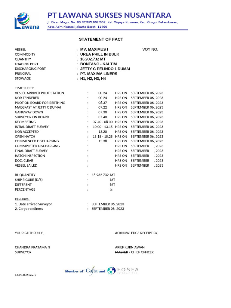 OPS-002. Statement of Fact | PDF | Merchant Navy | Shipping