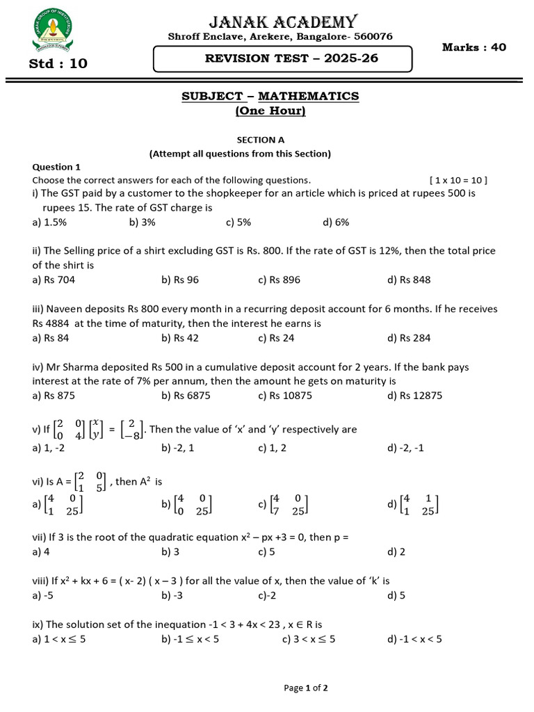 Mathematics Revision Test for Std 10 | PDF | Mathematics