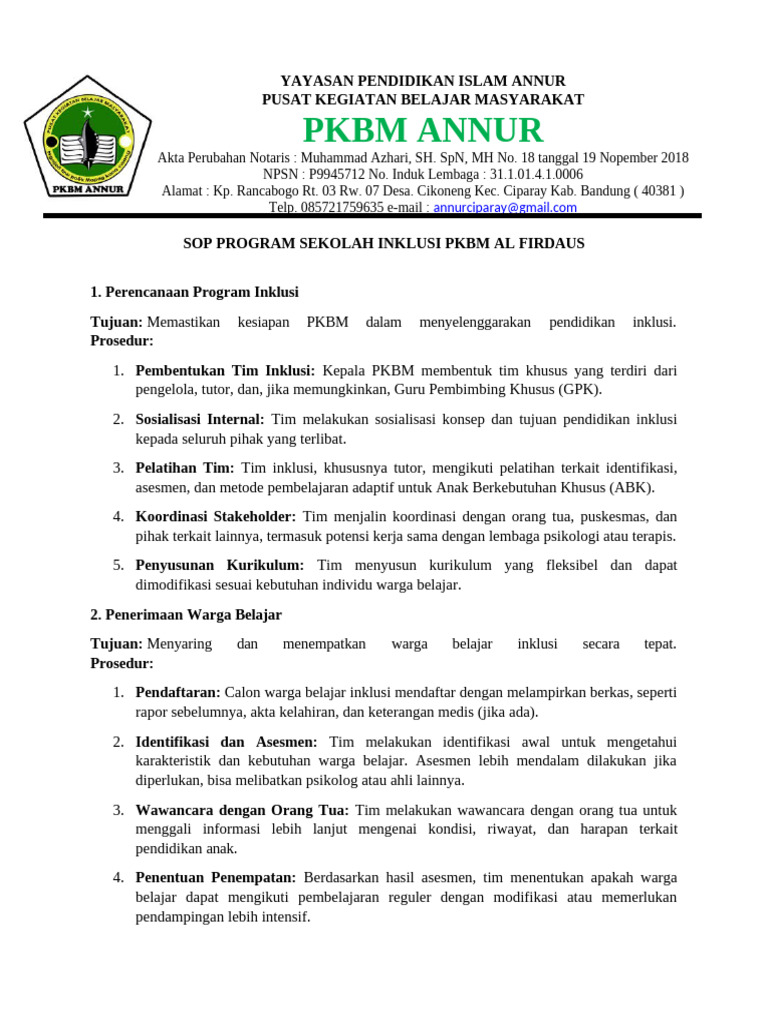 SOP Pendidikan Inklusi PKBM Annur | PDF