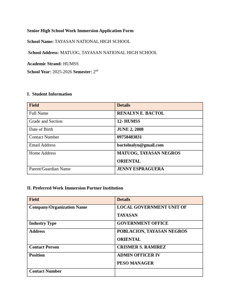 Senior High School Work Immersion Application Form Renalyn | PDF