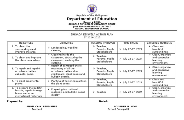 Brigada Eskwela Action Plan 2024-2025 | PDF
