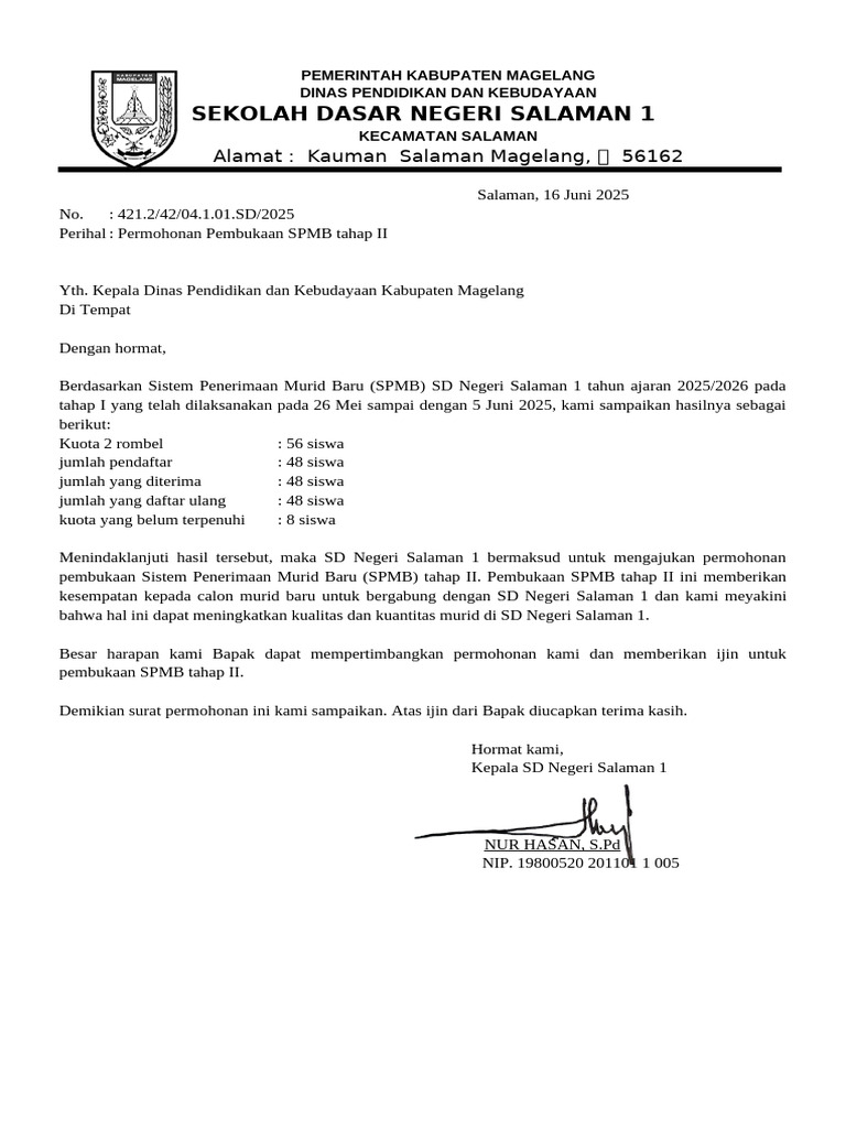 Permohonan SPMB Tahap II SD Salaman 1 | PDF