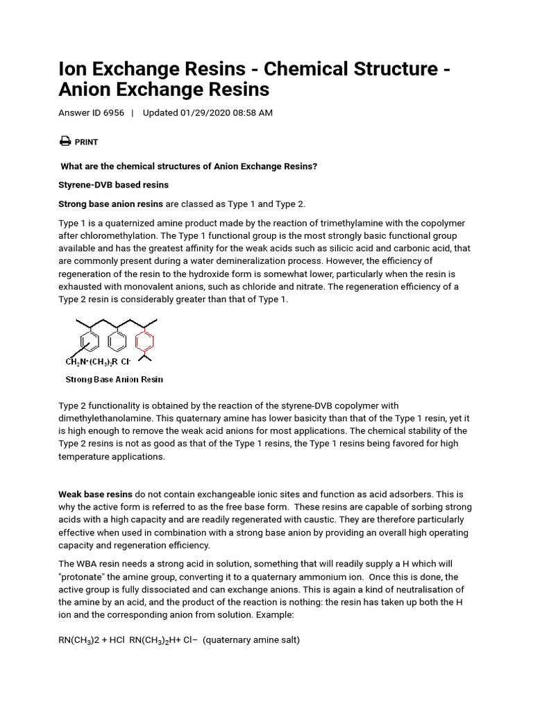 Chemical Structures of Anion Exchange Resins | PDF | Acid | Ion Exchange