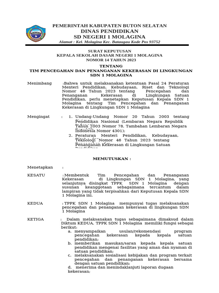 Tim Penanganan Kekerasan SDN 1 Molagina | PDF