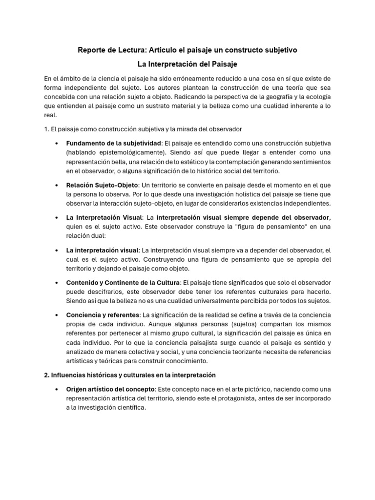 Reporte de Lectura Articulo El Paisaje Un Constructo Subjetivo | PDF ...