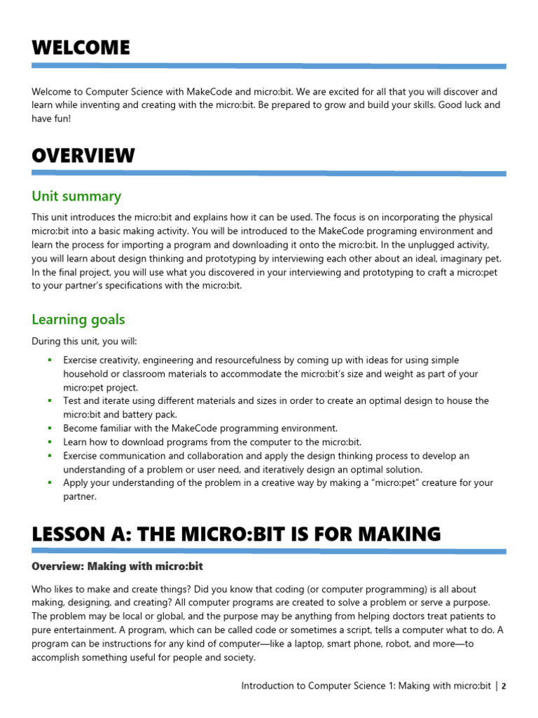 Student Workbook - Unit 1 Lesson 2 & 3 The Microbit Is For Making & Micropet Project | PDF ...