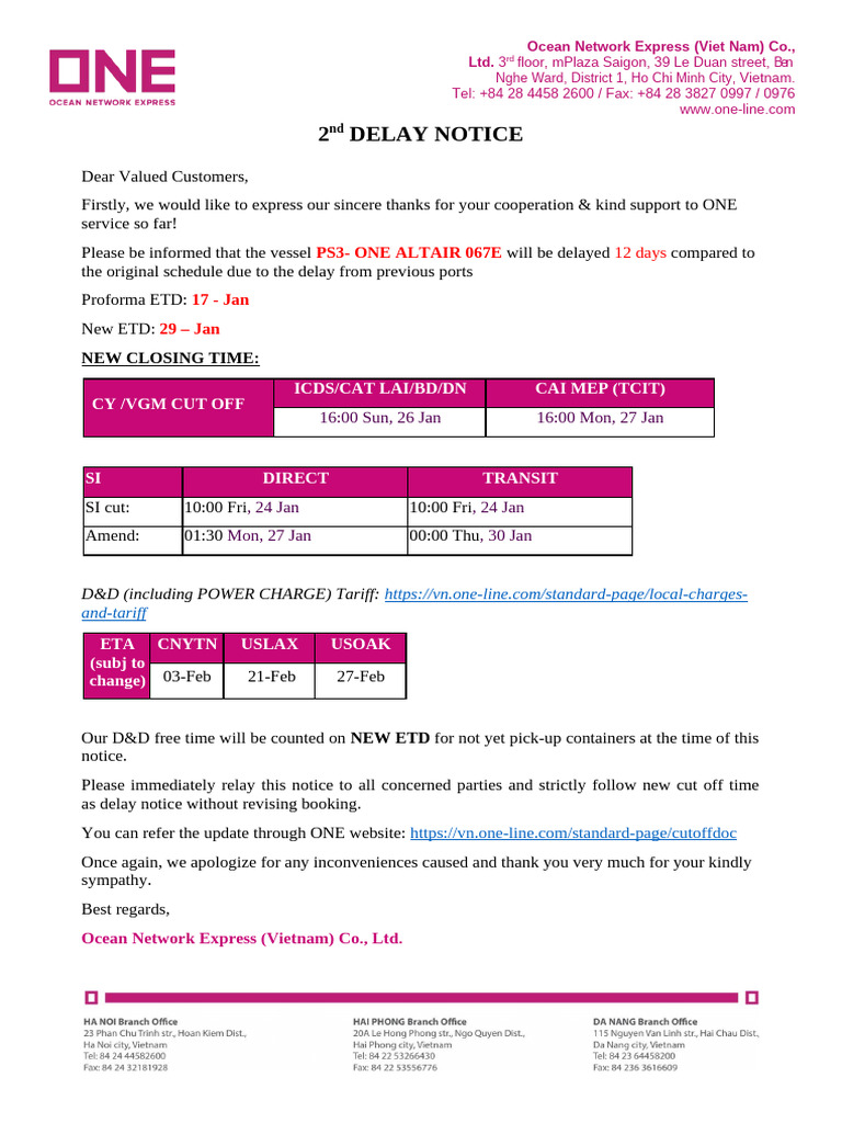 2nd Notice - Ps3 - Delay Notice - One Altair 067e - New Etd 29 Jan ...