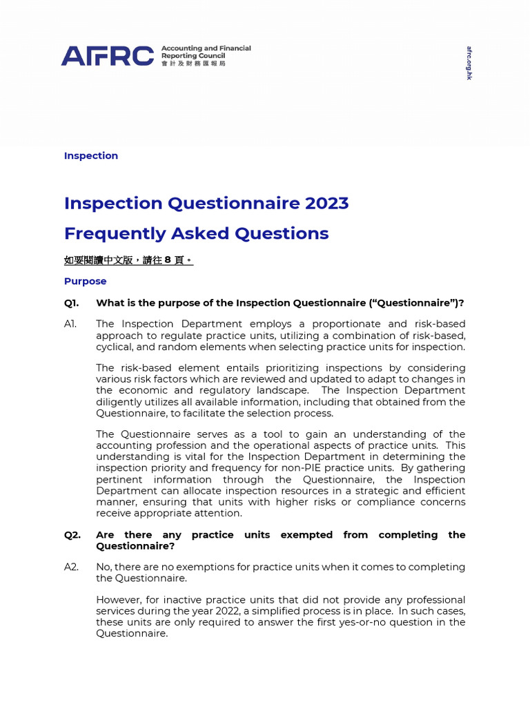 2023 Inspection Questionnaire Guide | PDF | Regulatory Compliance ...