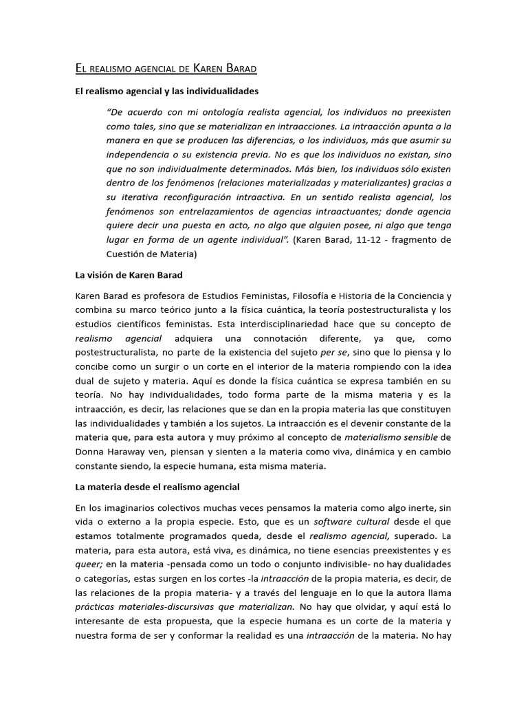 Realismo Agencial según Karen Barad | PDF | Realismo filosófico | Realidad