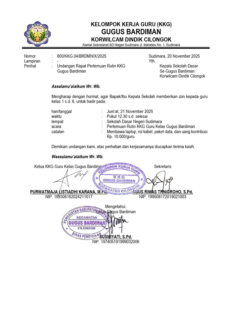 Undangan Rapat KKG Gugus Bardiman | PDF