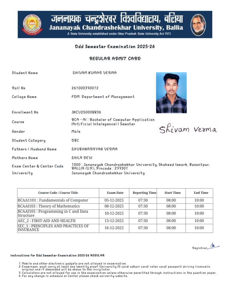 Jncu.samarth.edu.in Index.php Examstudent Hall-Admit-card View Id ...