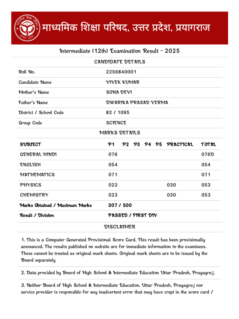 UP 12th Exam Result 2025: Vivek Kumar | PDF