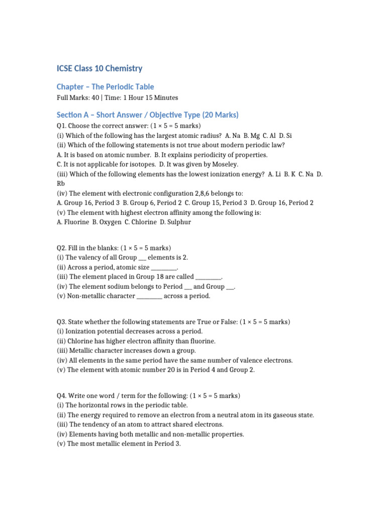 ICSE Class 10 Chemistry: Periodic Table Guide | PDF | Physical ...