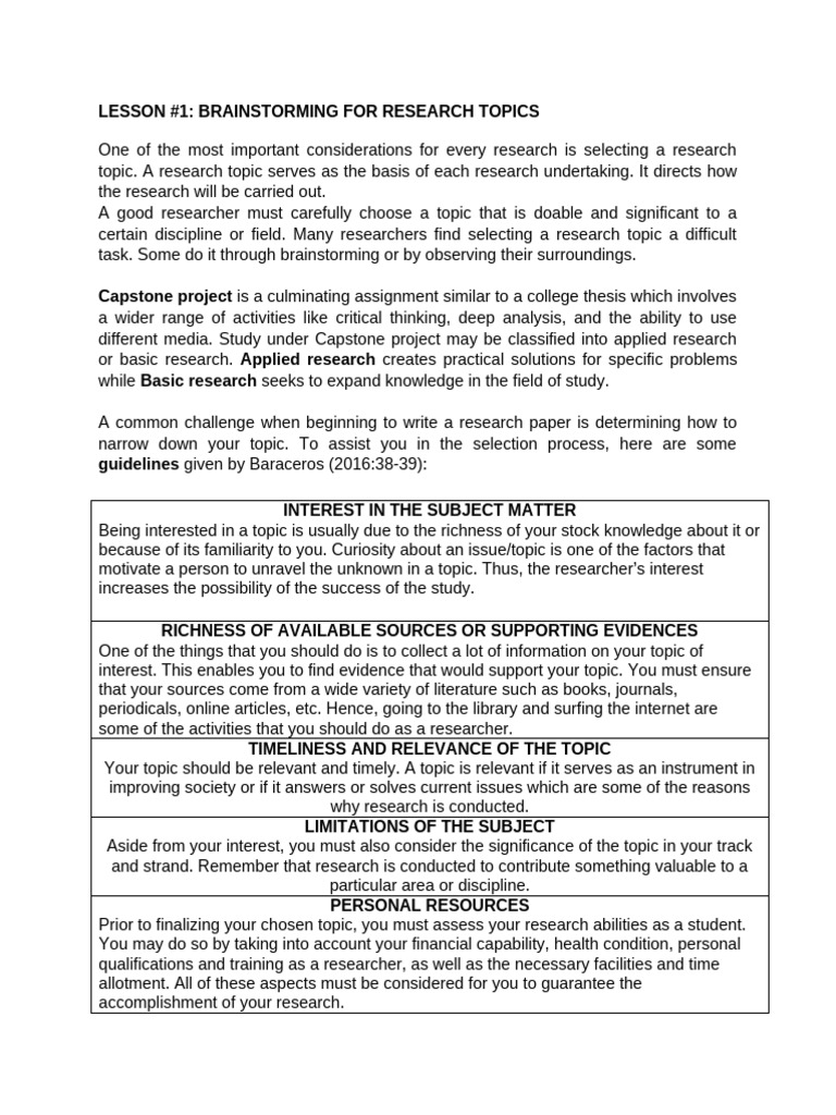 Research Topic Brainstorming Guide | PDF | Psychological Concepts ...