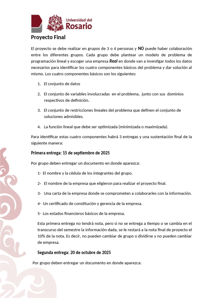 Guía Proyecto Final- APL-2025-2 (3) | PDF | Programación lineal | Matemáticas Aplicadas
