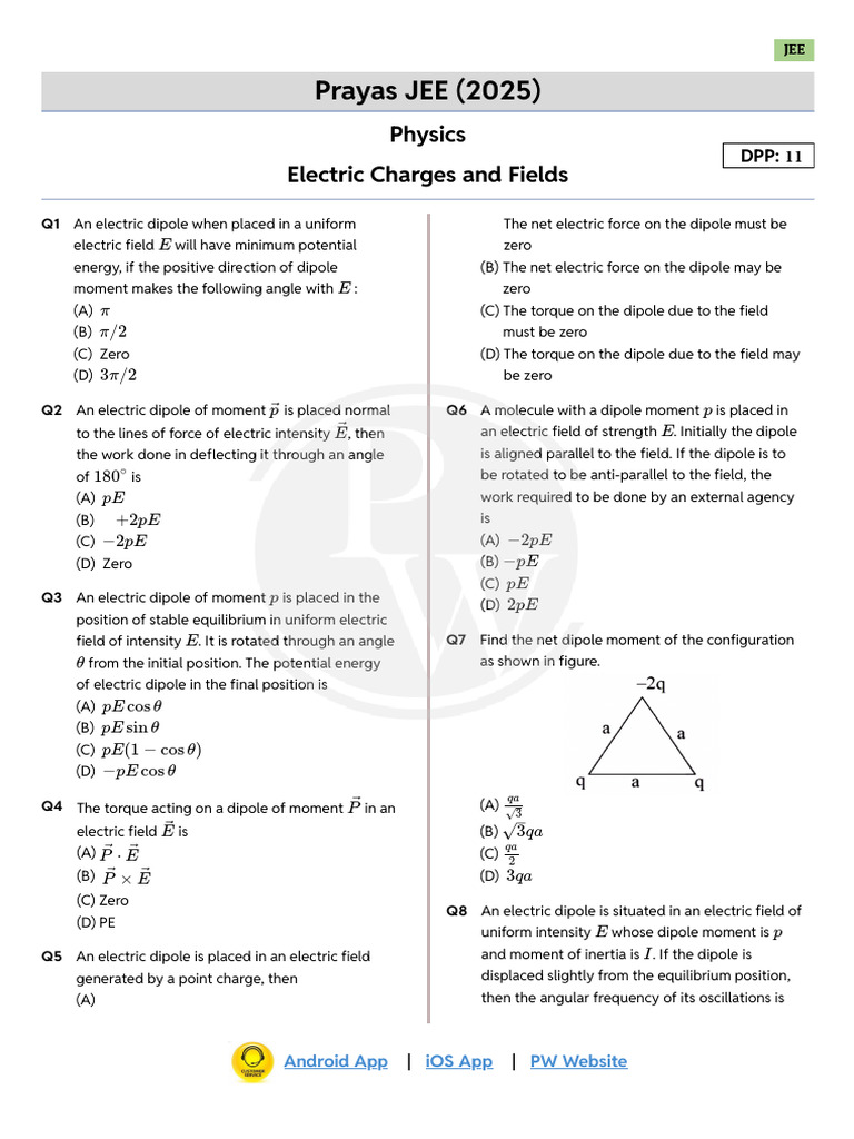 Electric Charges & Fields DPP 11 of Lec 16 Prayas JEE 2025 | PDF | Dipole | Applied And ...