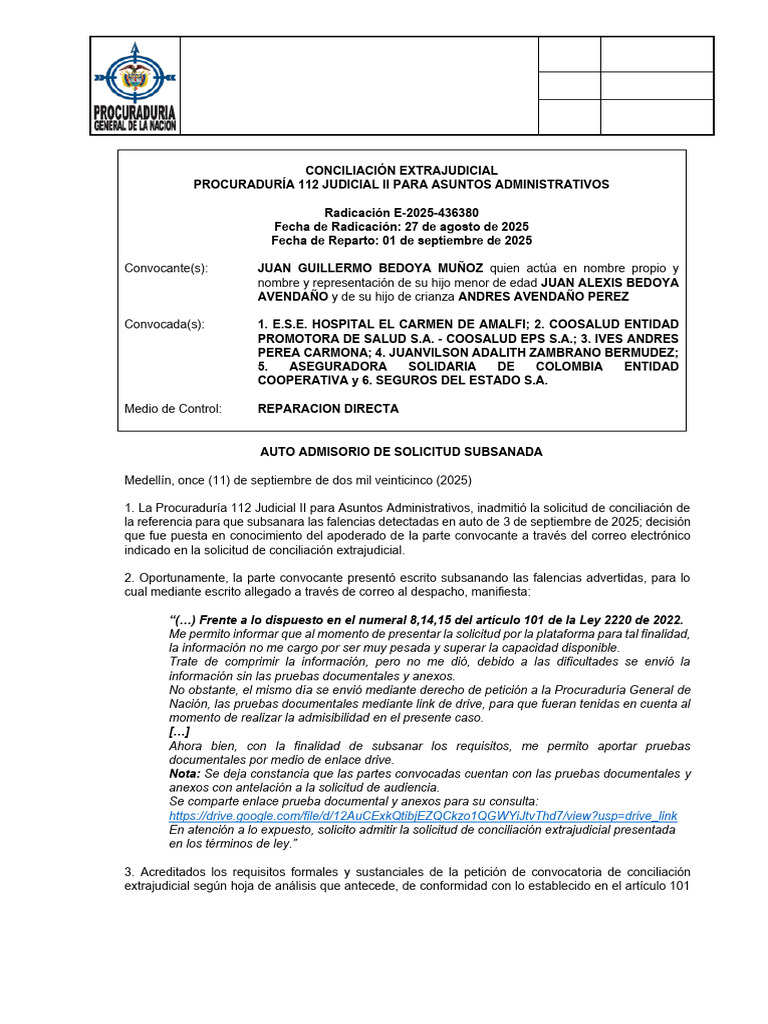 06. AUTO ADMITE SUBS RD E-2025-436380 JUAN BEDOYA OTROS - ESE EL CARMEN ... (2) | PDF ...