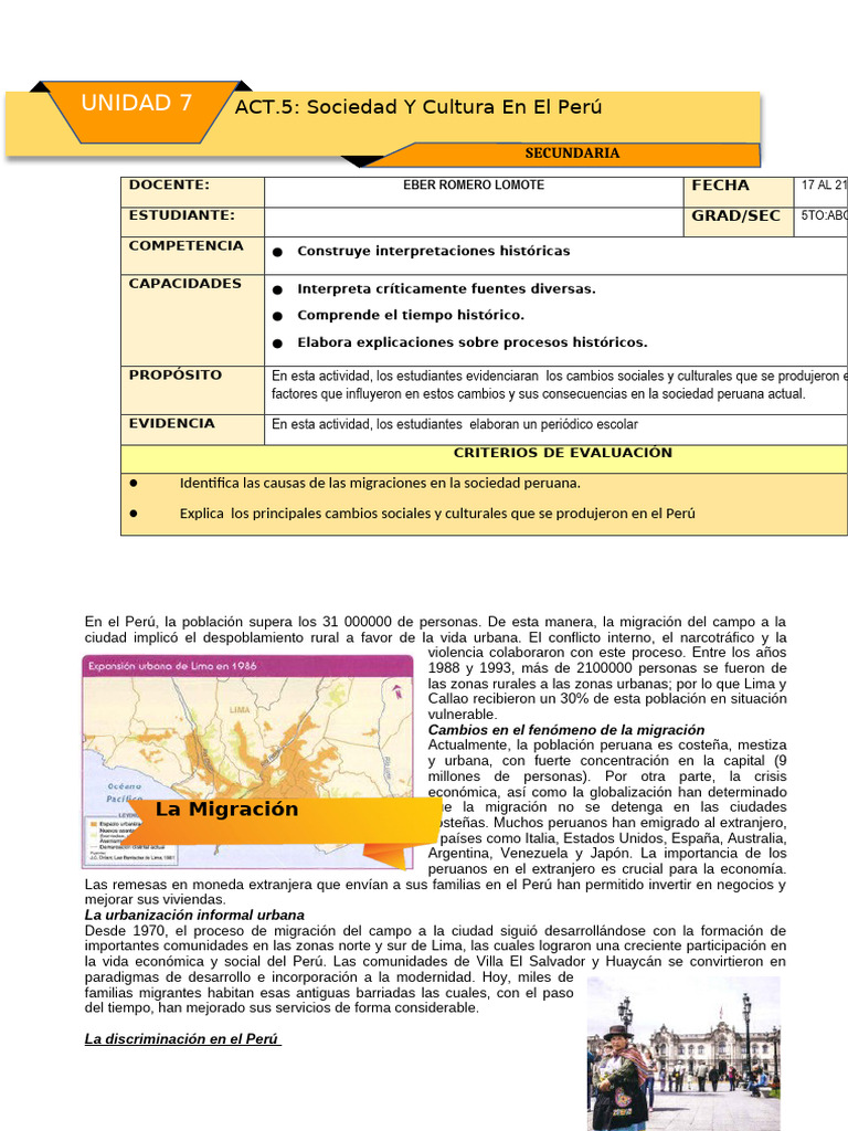 FICHA DE ACTIVIDAD CCSS 5°- SEMANA 5 U7 | PDF | Migración humana | Perú