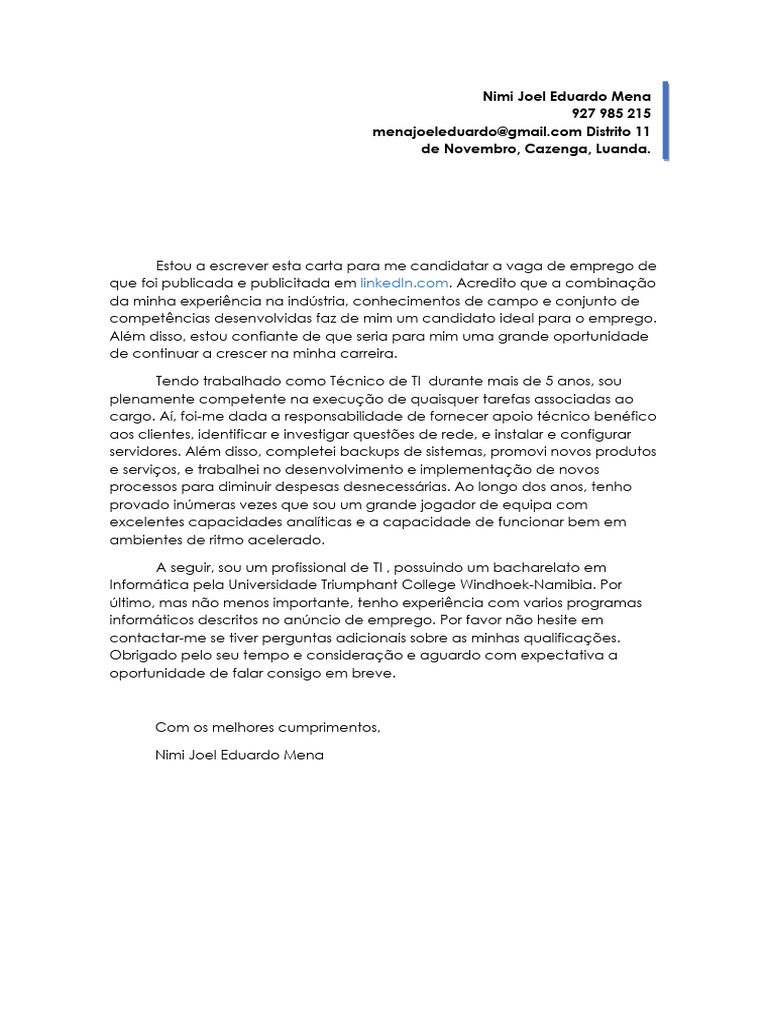 Nimi Joel Eduardo Mena Carta de Apresentação | PDF
