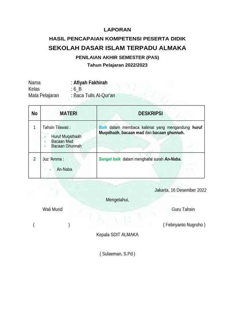 Laporan Hasil Kompetensi SDIT ALMAKA | PDF
