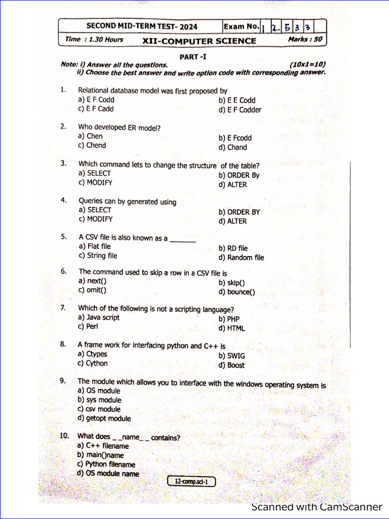 12th Computer Science EM 2nd Mid Term Exam 2024 Question Paper Pudhukottai District English ...