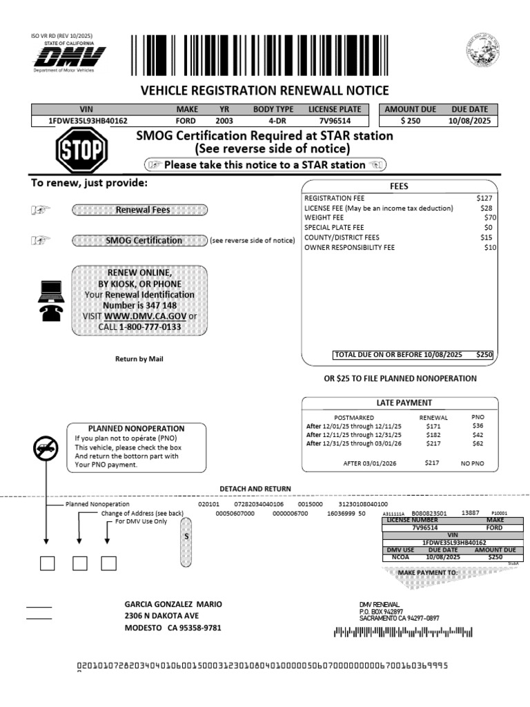 Vehicle Registration Renewal Notice | PDF | Department Of Motor ...